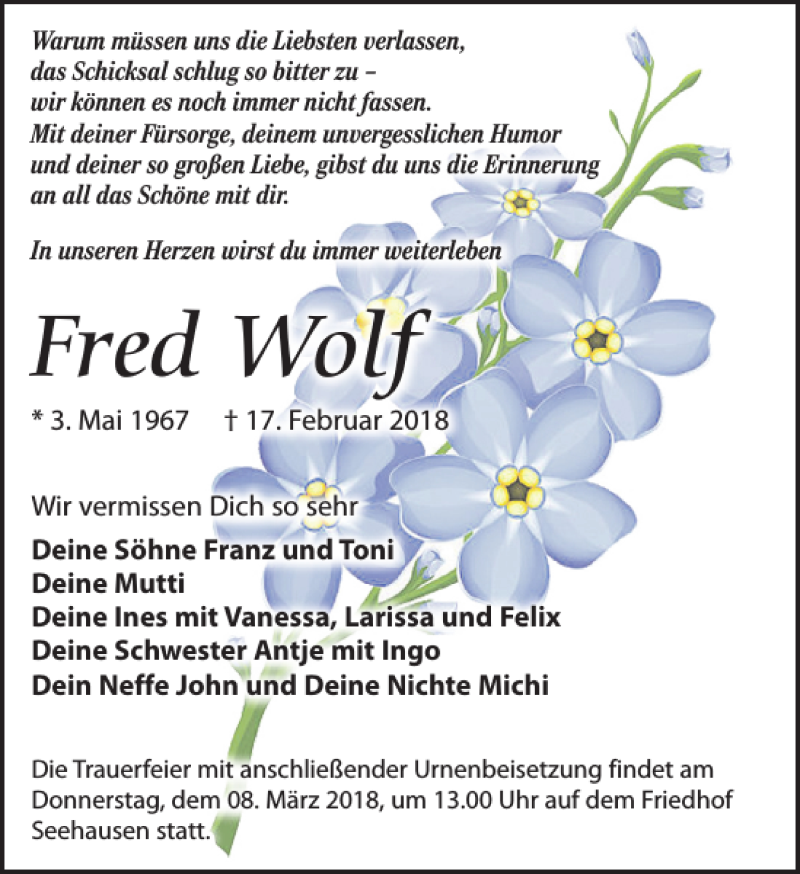 Traueranzeigen von Fred Wolf | trauer-anzeigen.de