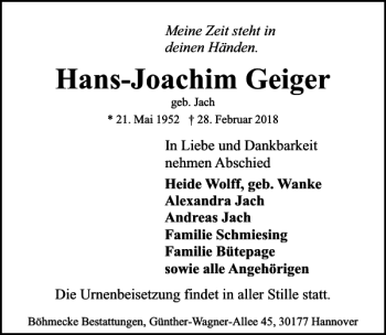Traueranzeigen von H.-J. Geiger | trauer-anzeigen.de