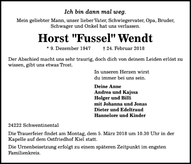 Traueranzeigen von Horst 'Fussel' Wendt | trauer-anzeigen.de