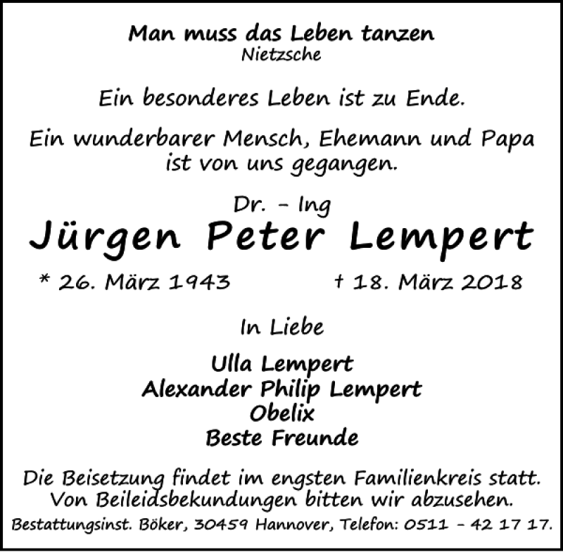 Traueranzeigen von Jürgen Peter Lempert | trauer-anzeigen.de
