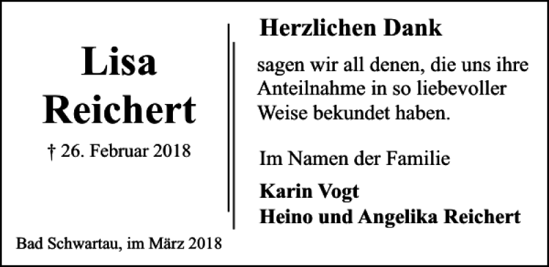 Traueranzeigen von Lisa Reichert | trauer-anzeigen.de