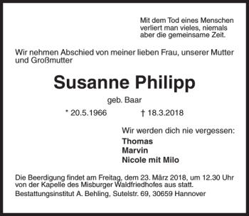 Traueranzeigen von Susanne Philipp | trauer-anzeigen.de