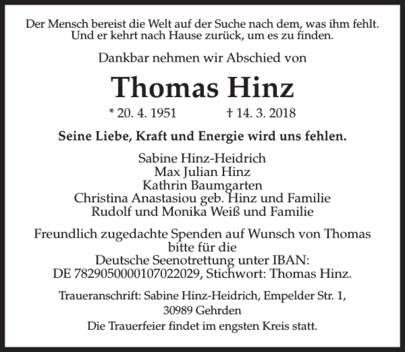 Traueranzeigen von Thomas Hinz | trauer-anzeigen.de