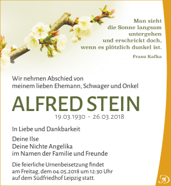 Traueranzeigen von ALFRED STEIN | trauer-anzeigen.de