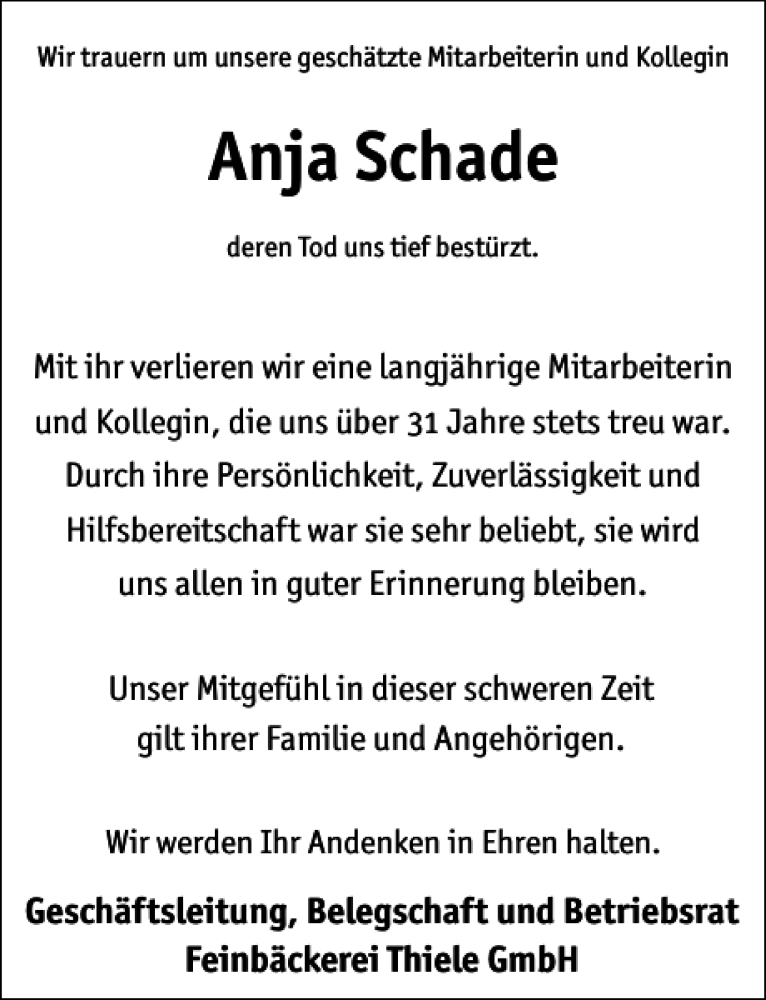 Traueranzeigen von Anja Schade | trauer-anzeigen.de