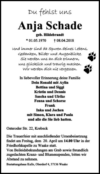Traueranzeigen von Anja Schade | trauer-anzeigen.de