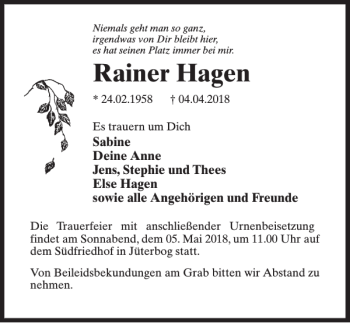 Traueranzeigen von Rainer Hagen | trauer-anzeigen.de