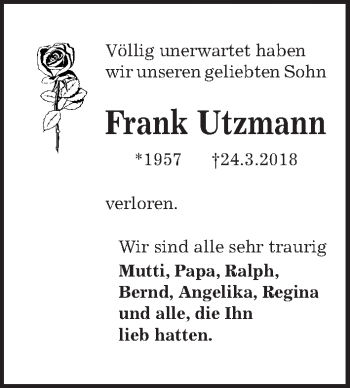 Traueranzeigen von Frank Utzmann | trauer-anzeigen.de