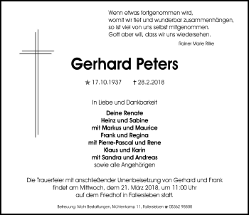 Traueranzeigen von Gerhard Peters | trauer-anzeigen.de