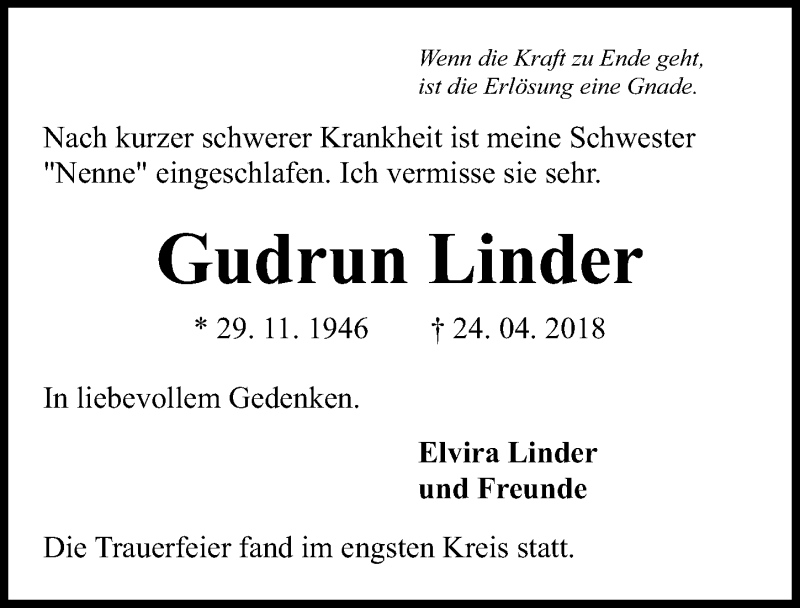 Traueranzeigen von Gudrun Linder | trauer-anzeigen.de