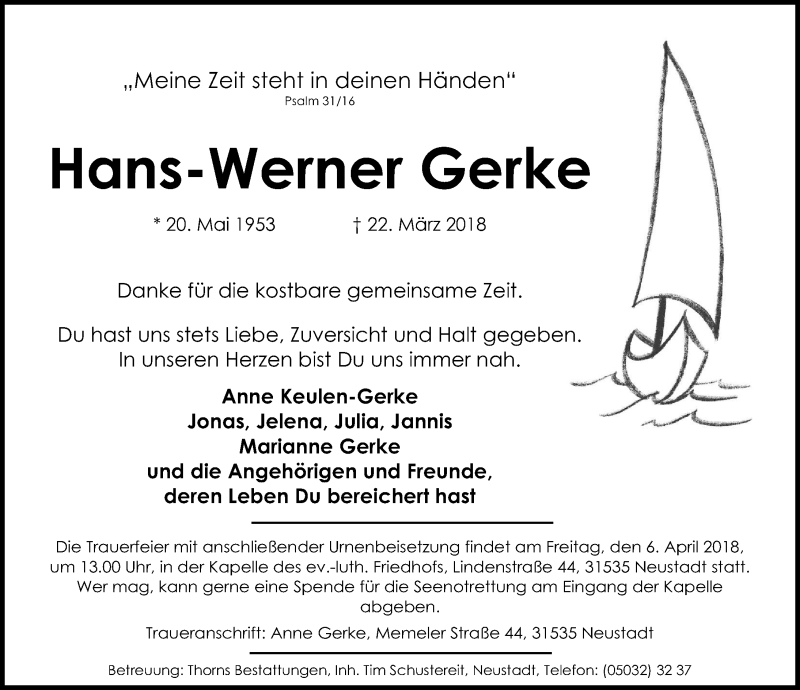 Traueranzeigen von Hans-Werner Gerke | trauer-anzeigen.de