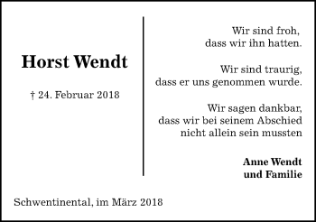 Traueranzeigen von Horst Wendt | trauer-anzeigen.de
