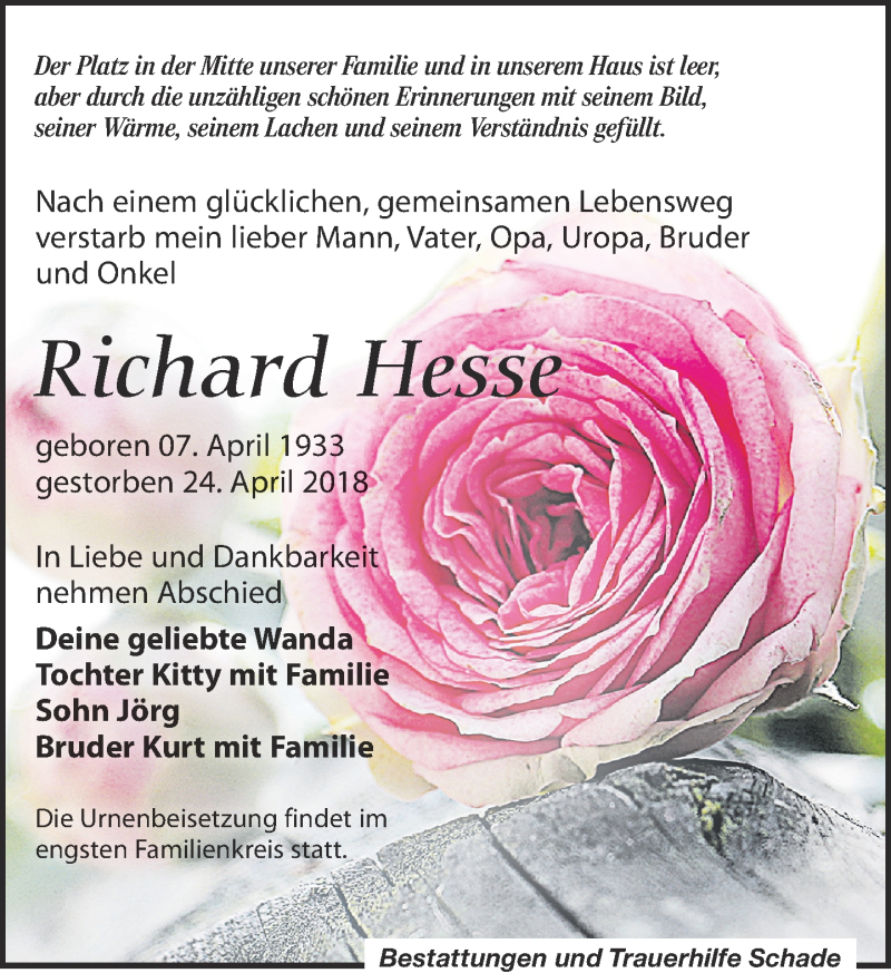 Traueranzeigen von Richard Hesse | trauer-anzeigen.de