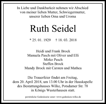 Traueranzeigen von Ruth Seidel | trauer-anzeigen.de