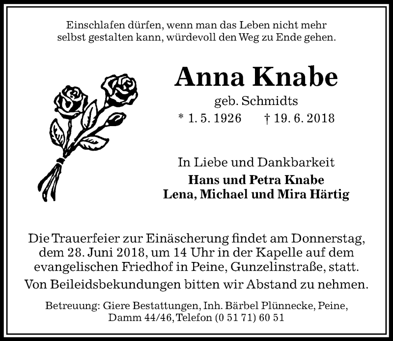 Traueranzeigen von Anna Knabe | trauer-anzeigen.de