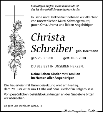 Traueranzeigen von Christa Schreiber | trauer-anzeigen.de