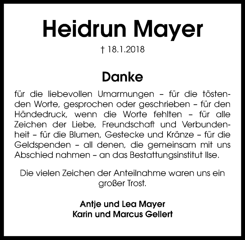 Traueranzeigen von Heidrun Mayer | trauer-anzeigen.de