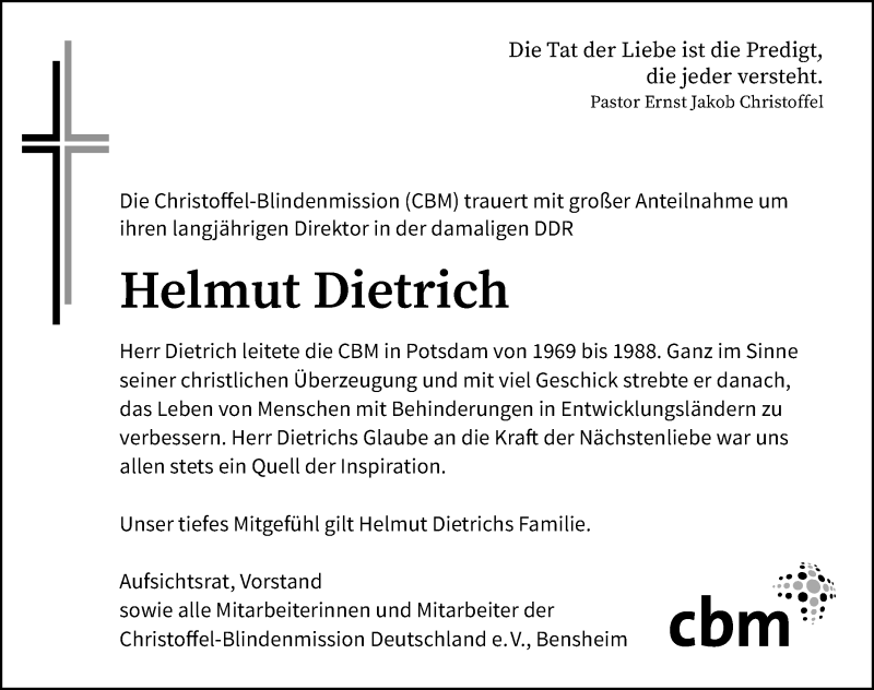 Traueranzeigen von Helmut Dietrich | trauer-anzeigen.de