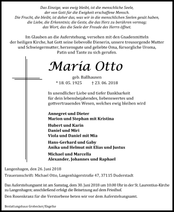Traueranzeigen von Maria Otto | trauer-anzeigen.de