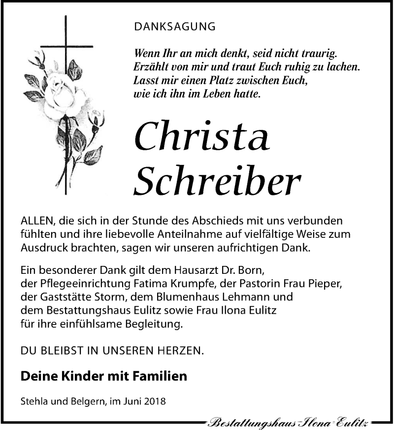 Traueranzeigen von Christa Schreiber | trauer-anzeigen.de