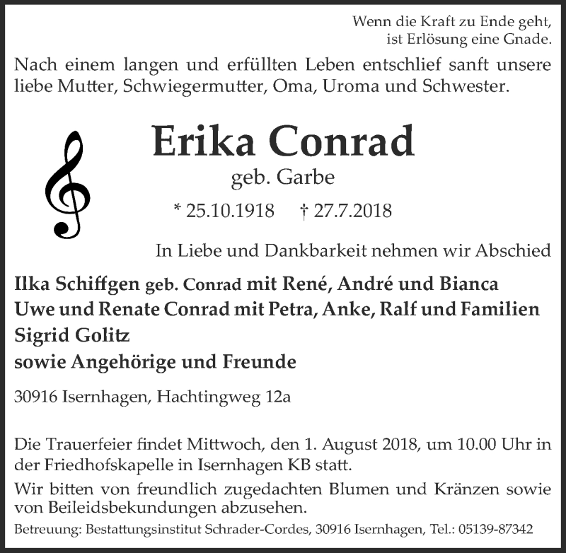 Traueranzeigen von Erika Conrad | trauer-anzeigen.de