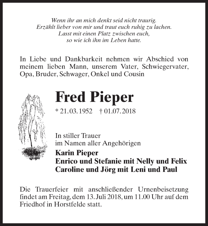Traueranzeigen von Fred Pieper | trauer-anzeigen.de
