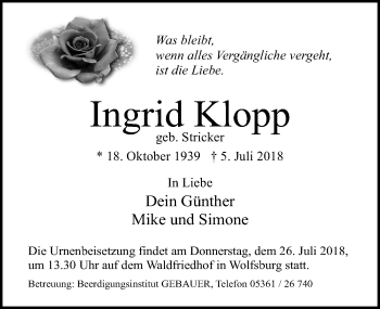 Traueranzeigen von Ingrid Klopp | trauer-anzeigen.de