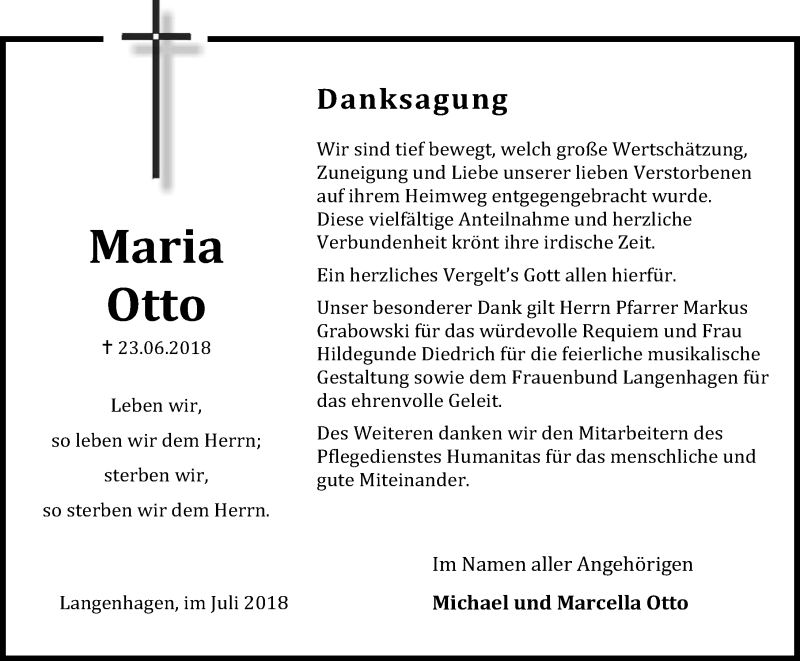 Traueranzeigen von Maria Otto | trauer-anzeigen.de