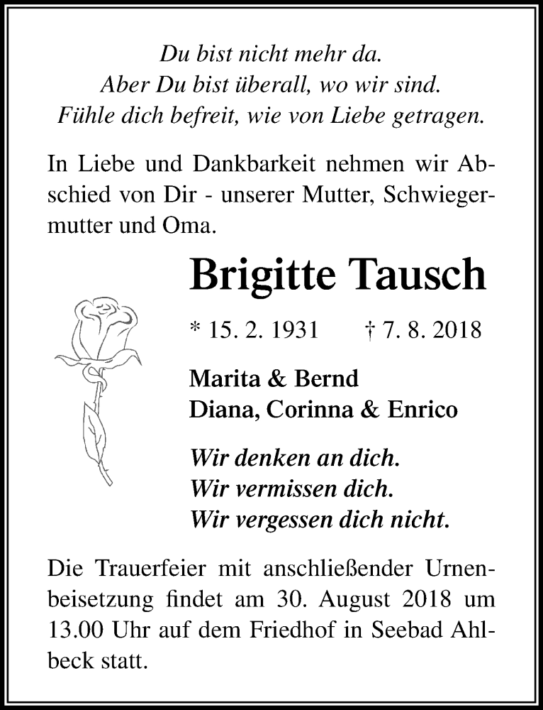 Traueranzeigen von Brigitte Tausch | trauer-anzeigen.de