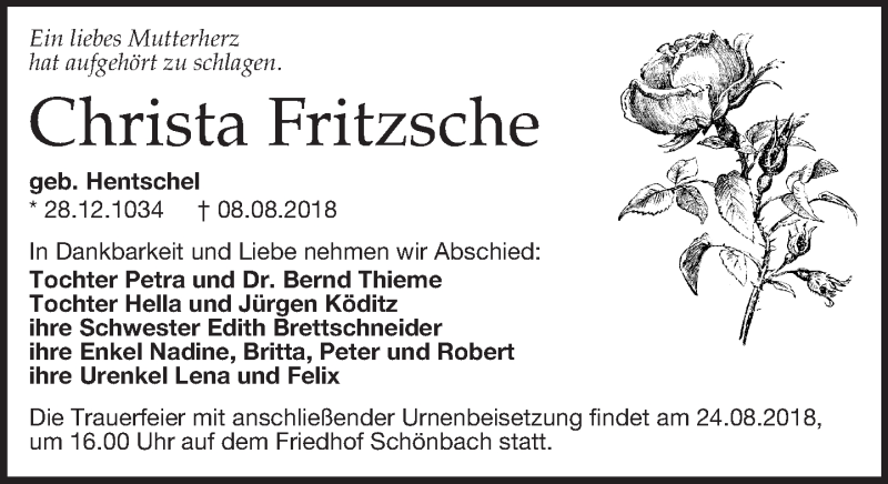 Traueranzeigen von Christa Fritzsche | trauer-anzeigen.de