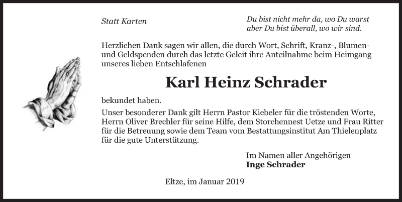 Traueranzeigen von Karl Heinz Schrader | trauer-anzeigen.de