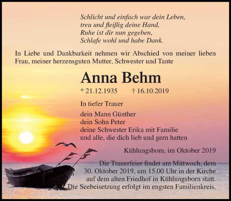Traueranzeigen von Anna Behm | trauer-anzeigen.de