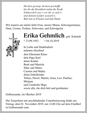Traueranzeigen von Erika Gehmlich | trauer-anzeigen.de