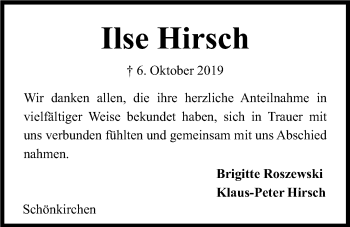 Traueranzeigen von Ilse Hirsch | trauer-anzeigen.de
