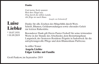Traueranzeigen von Luise Liebke | trauer-anzeigen.de