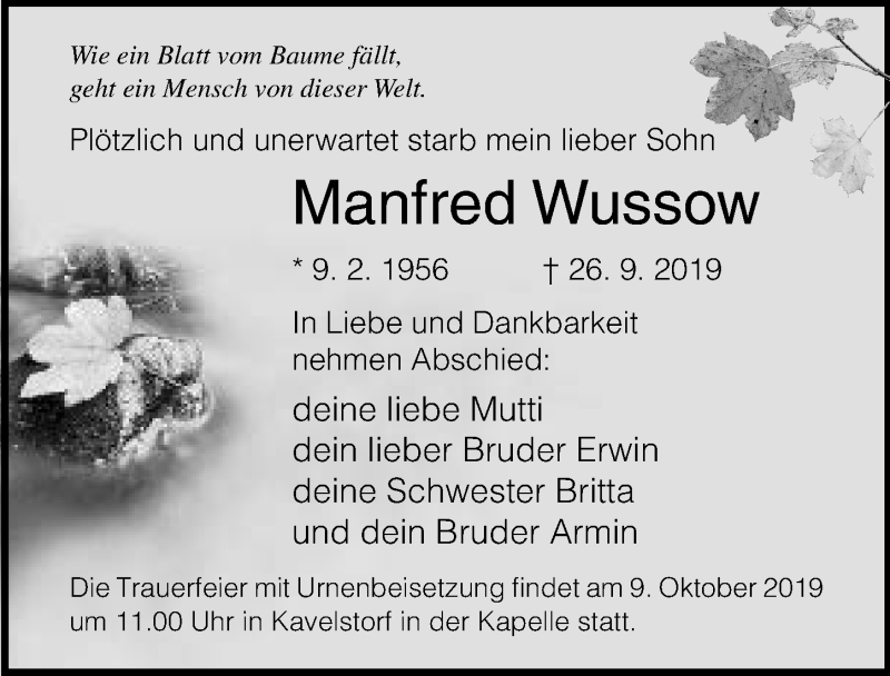 Traueranzeigen von Manfred Wussow | trauer-anzeigen.de