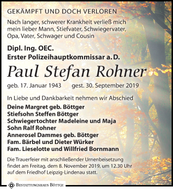 Traueranzeigen von Paul Stefan Rohner | trauer-anzeigen.de