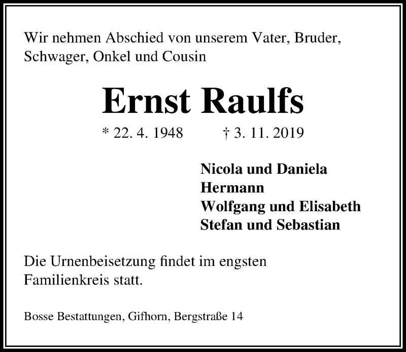 Traueranzeigen von Ernst Raulfs | trauer-anzeigen.de