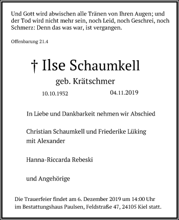 Traueranzeigen von Ilse Schaumkell | trauer-anzeigen.de