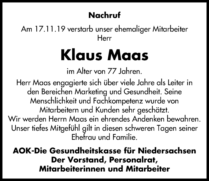 Traueranzeigen von Klaus Maas | trauer-anzeigen.de