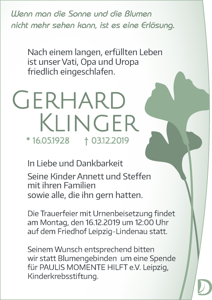 Traueranzeigen von Gerhard Klinger | trauer-anzeigen.de