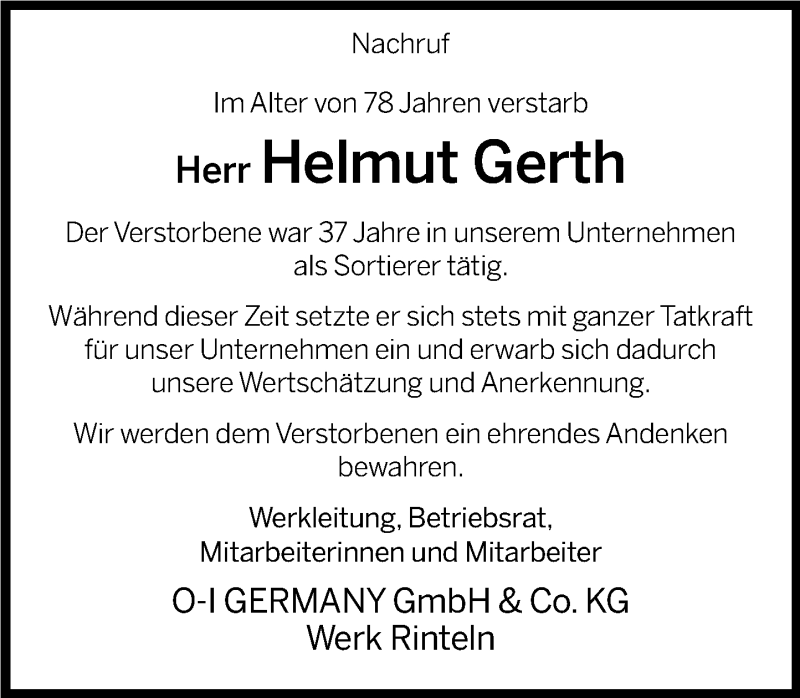 Traueranzeigen von Helmut Gerth | trauer-anzeigen.de