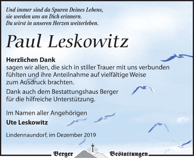 Traueranzeigen von Paul Leskowitz | trauer-anzeigen.de