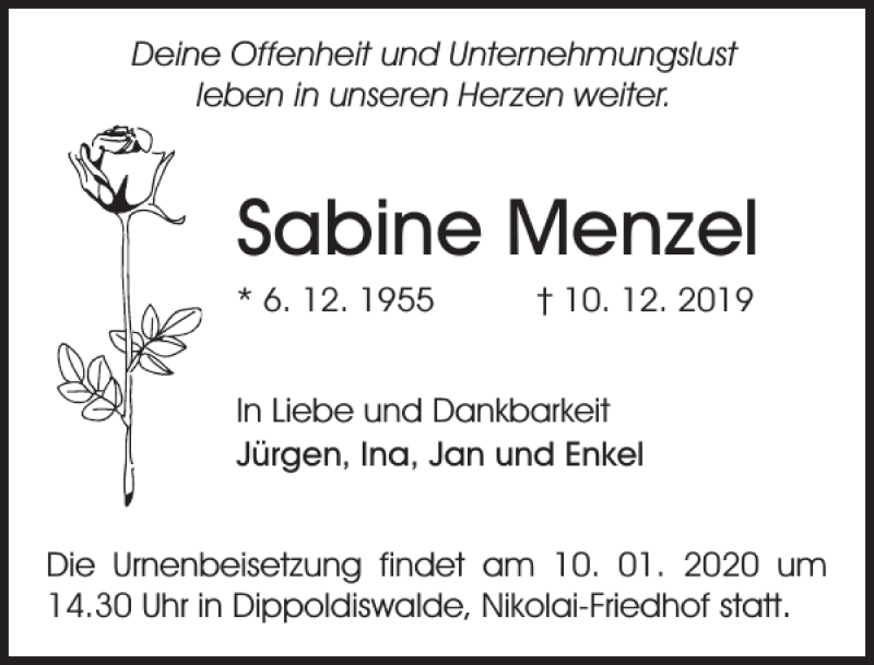 Traueranzeigen von Sabine Menzel | trauer-anzeigen.de
