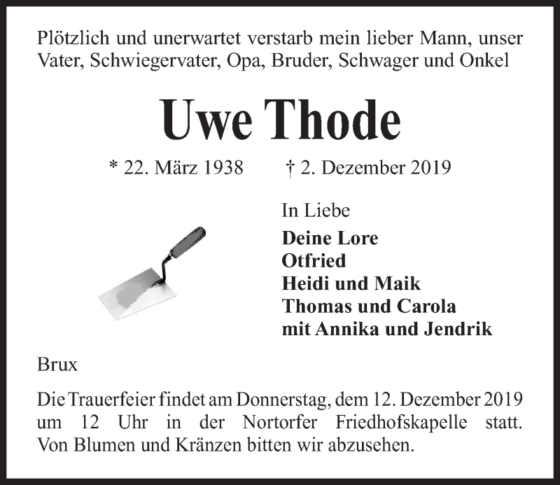 Traueranzeigen von Uwe Thode | trauer-anzeigen.de