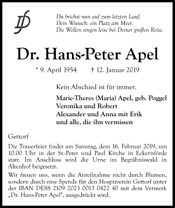 Traueranzeigen von Hans-Peter Apel | trauer-anzeigen.de