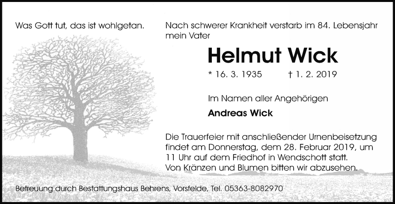 Traueranzeigen von Helmut Wick | trauer-anzeigen.de