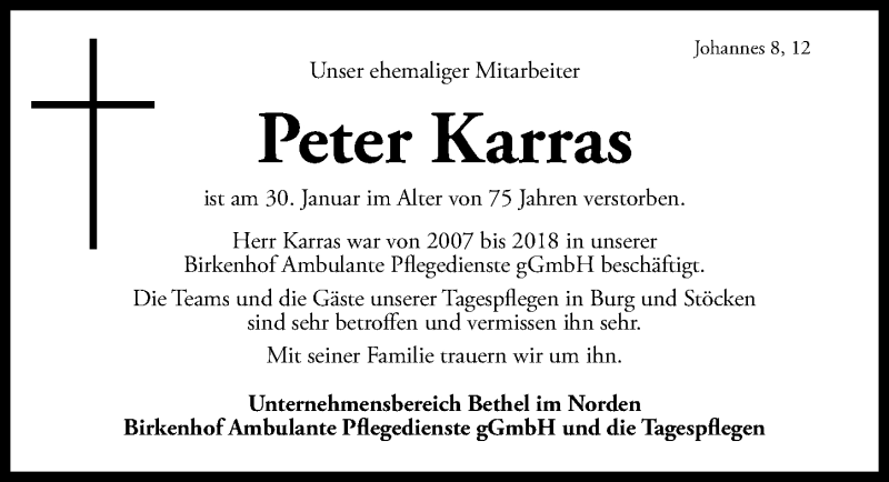Traueranzeigen von Peter Karras | trauer-anzeigen.de