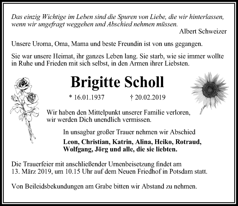 Traueranzeigen von Brigitte Scholl | trauer-anzeigen.de