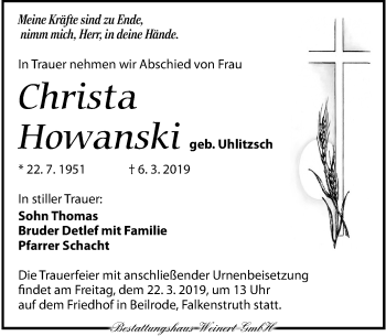 Traueranzeigen von Christa Howanski | trauer-anzeigen.de